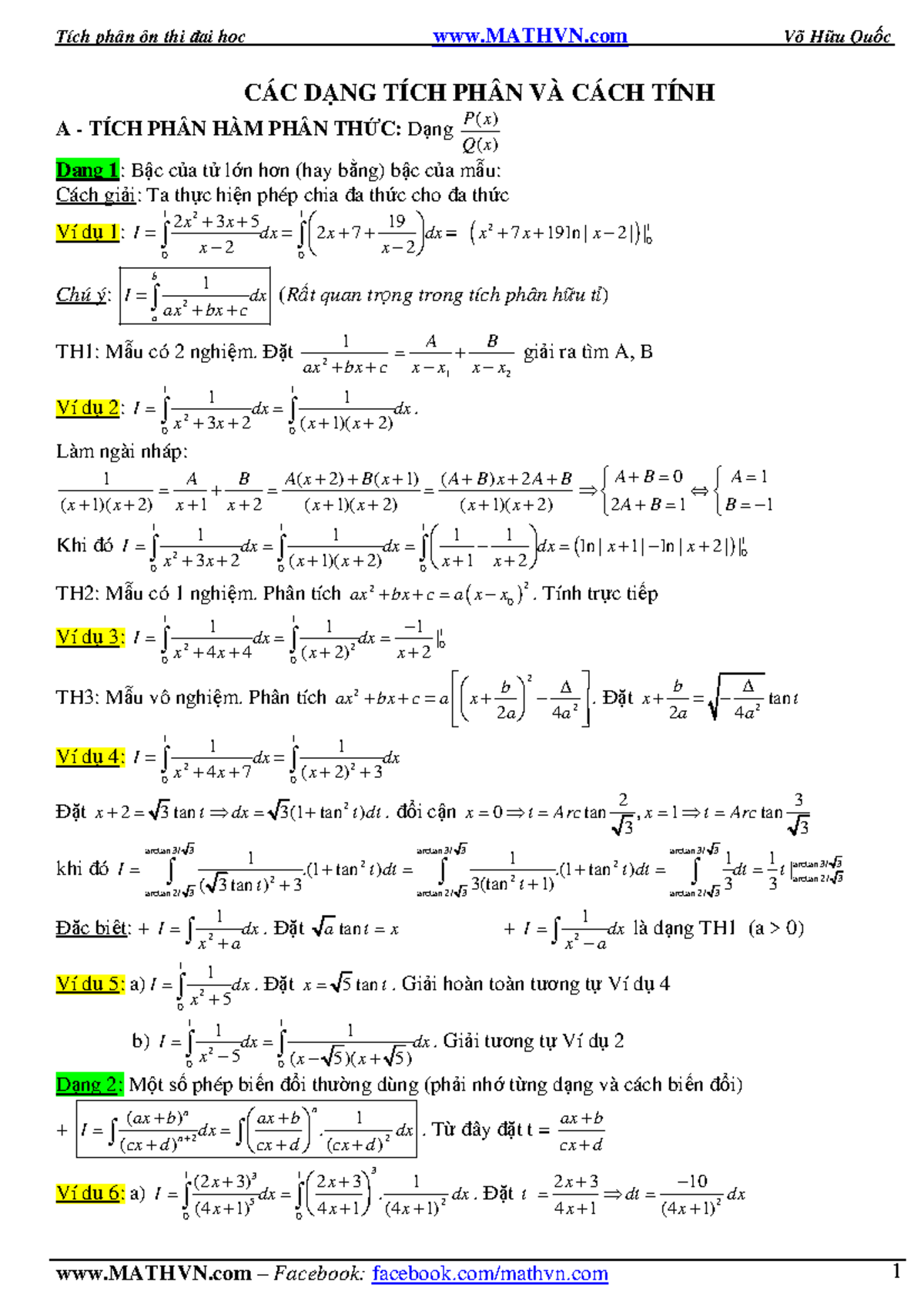 Cach tinh tich phan www - CÁC D¾NG TÍCH PHÂN VÀ CÁCH TÍNH A - TÍCH PHÂN ...