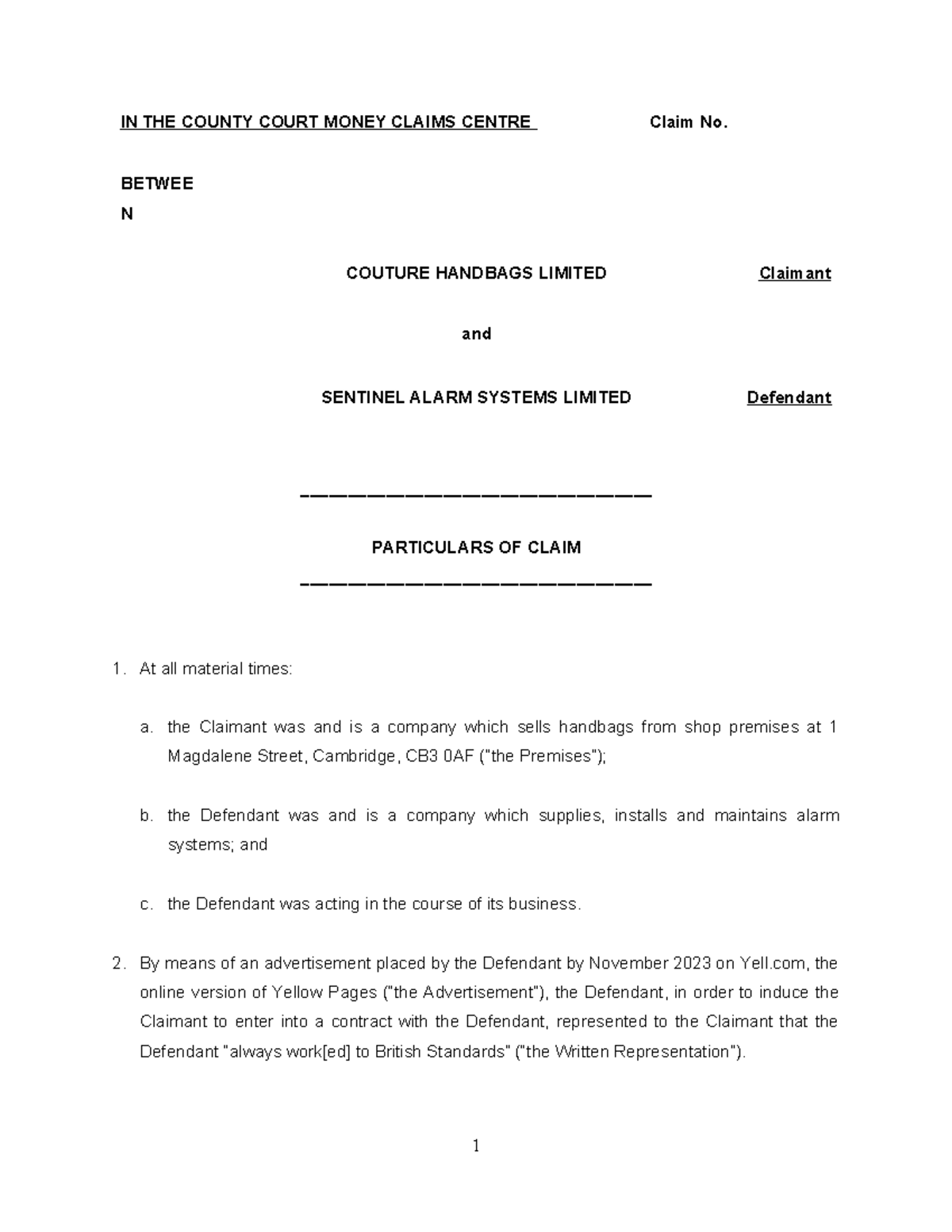 W6 Consolidate Couture Particulars of Claim - IN THE COUNTY COURT MONEY ...