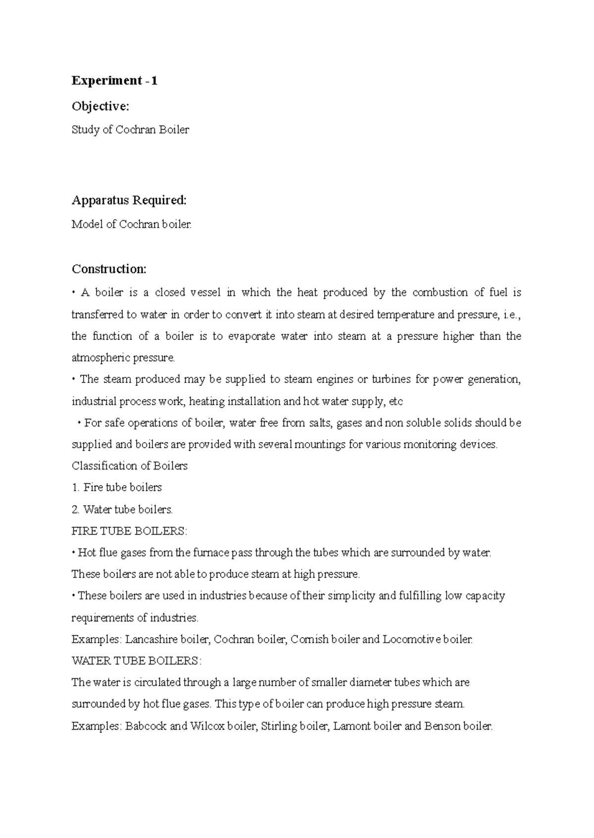 Boilers - Experiment - Objective: Study of Cochran Boiler Apparatus ...