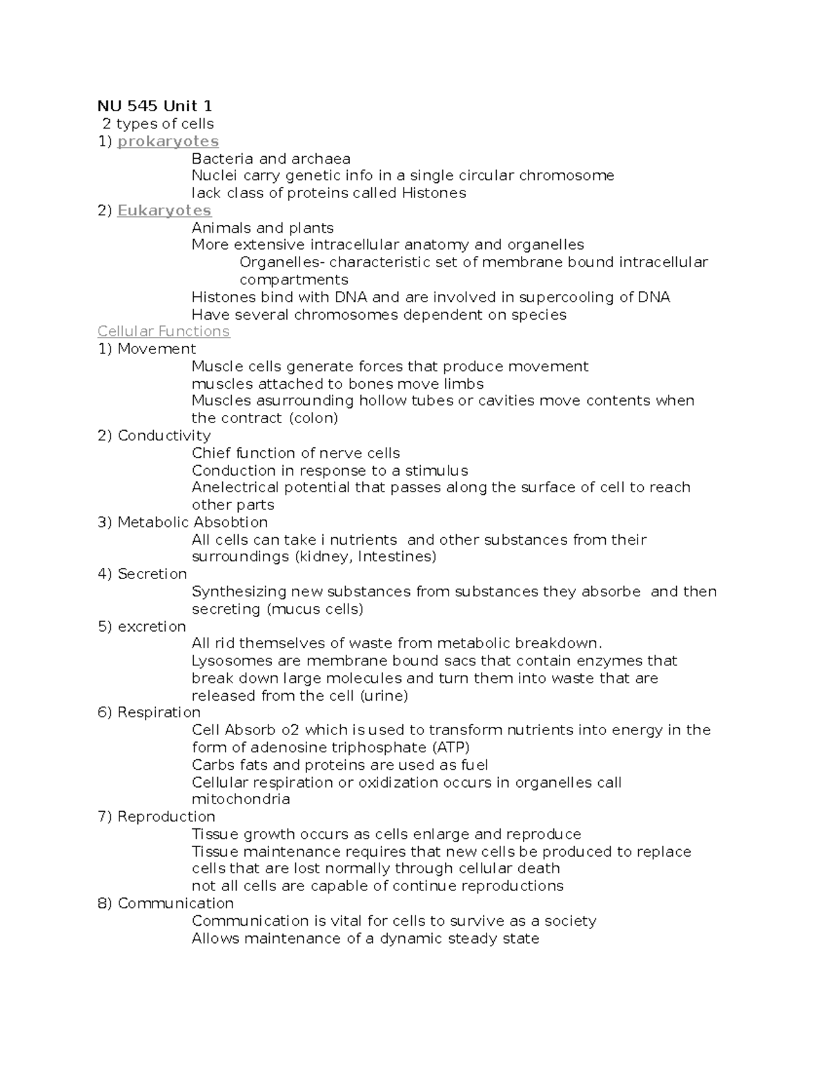 NU 545 Unit 1 Notes - NU 545 Unit 1 2 types of cells prokaryotes ...