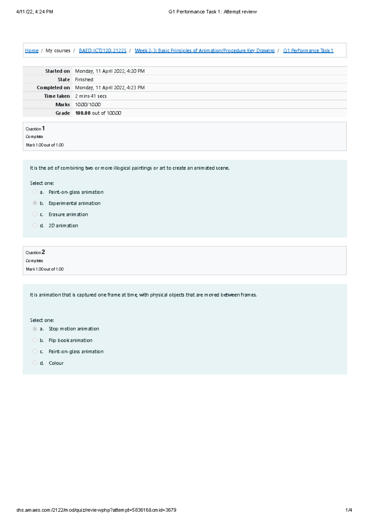 ICT2120 Animation ( NC II) Part 1 Q1 Performance Task 1 Attempt review ...