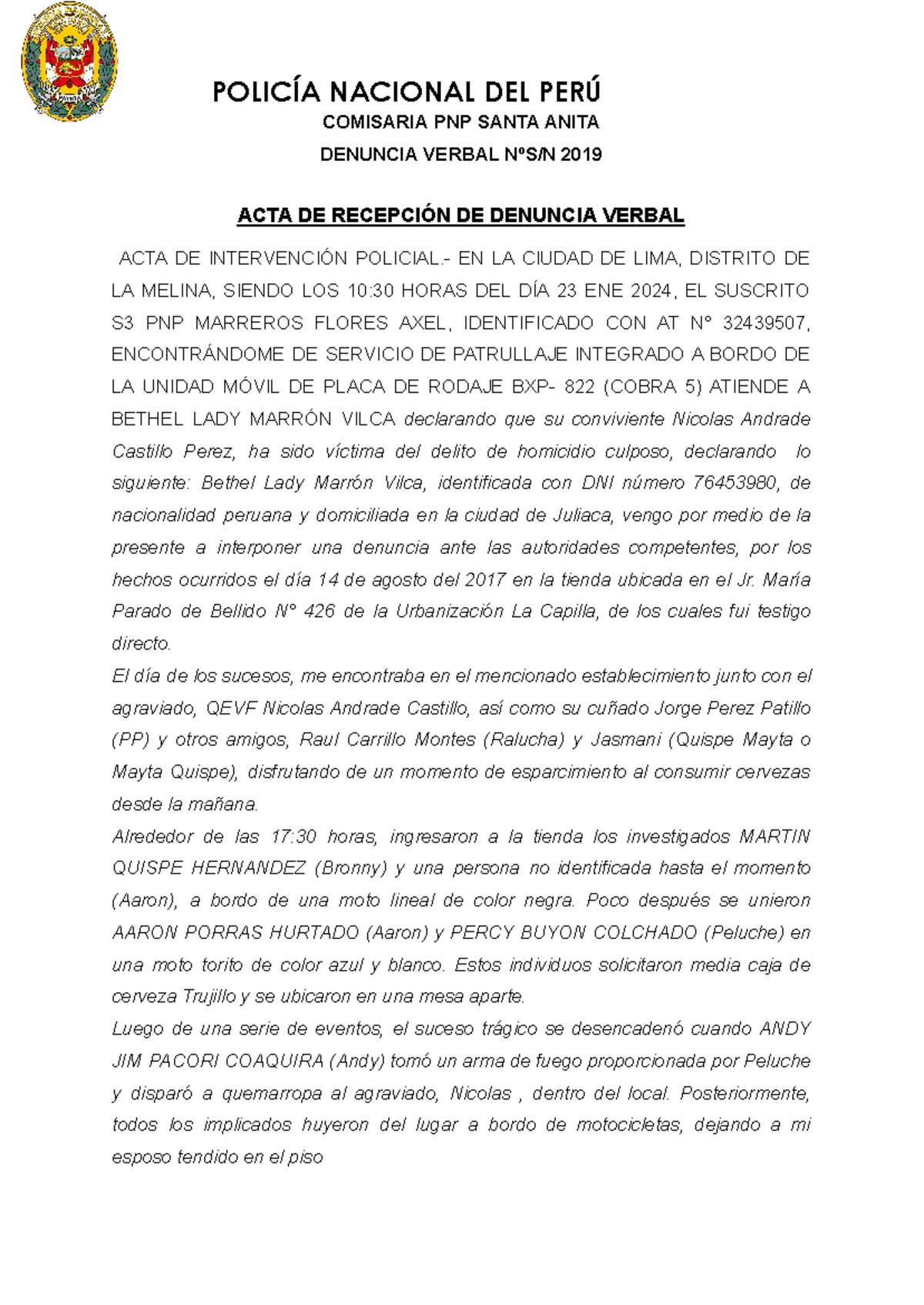 Denuncia Policial - POLICÍA NACIONAL DEL PERÚ COMISARIA PNP SANTA ANITA DENUNCIA VERBAL NºS/N ...