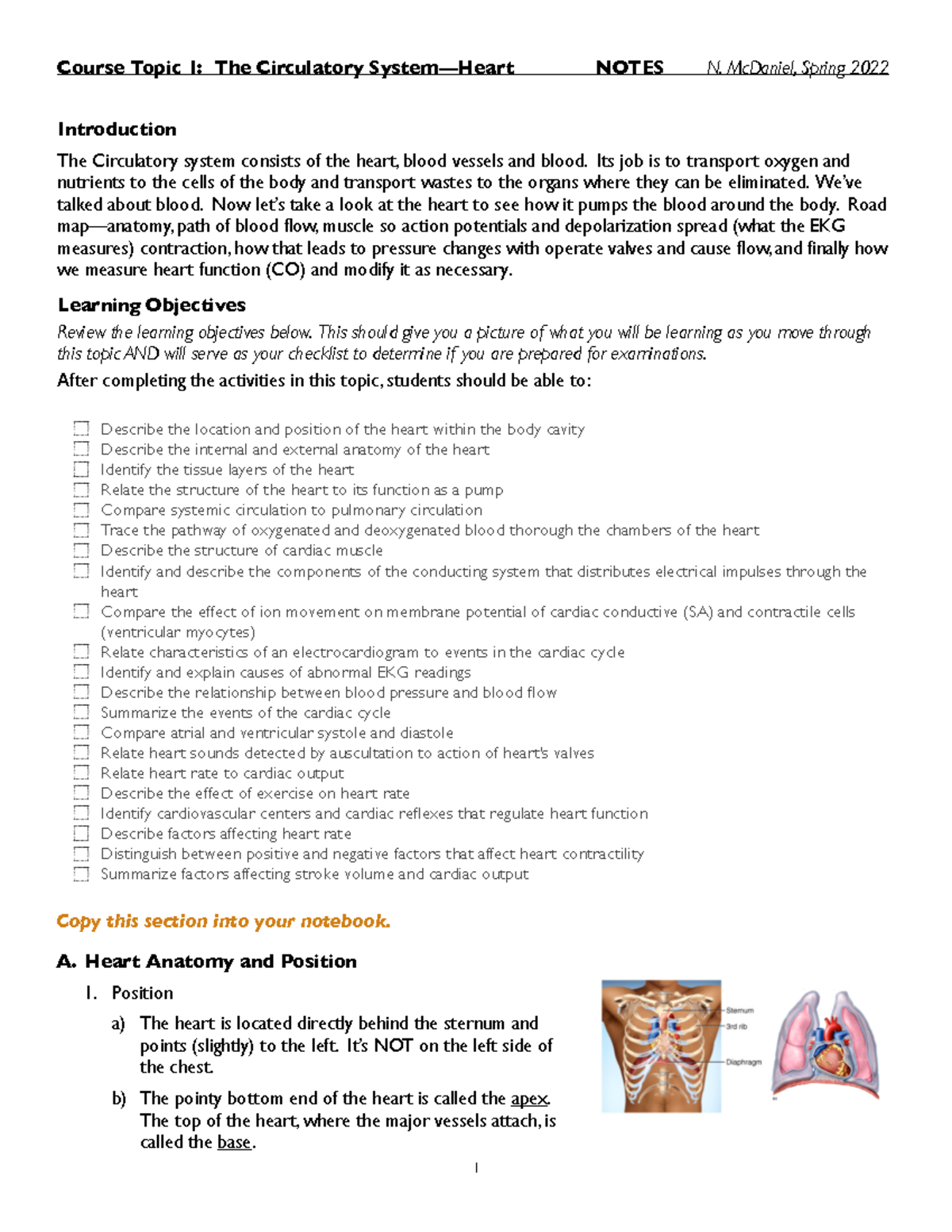 Heart Lecture Notes - Course Topic 1: The Circulatory System—Heart ...