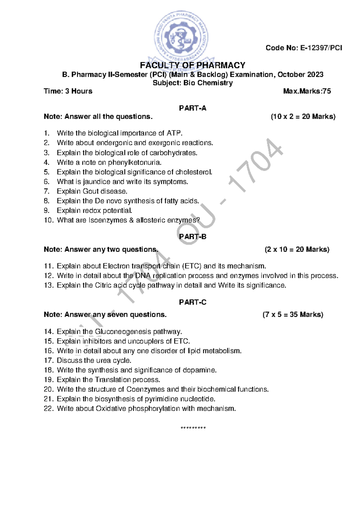 20.11 - ..... - OU - 1704 OU - 1704 Code No: E-12397/PCI FACULTY OF ...