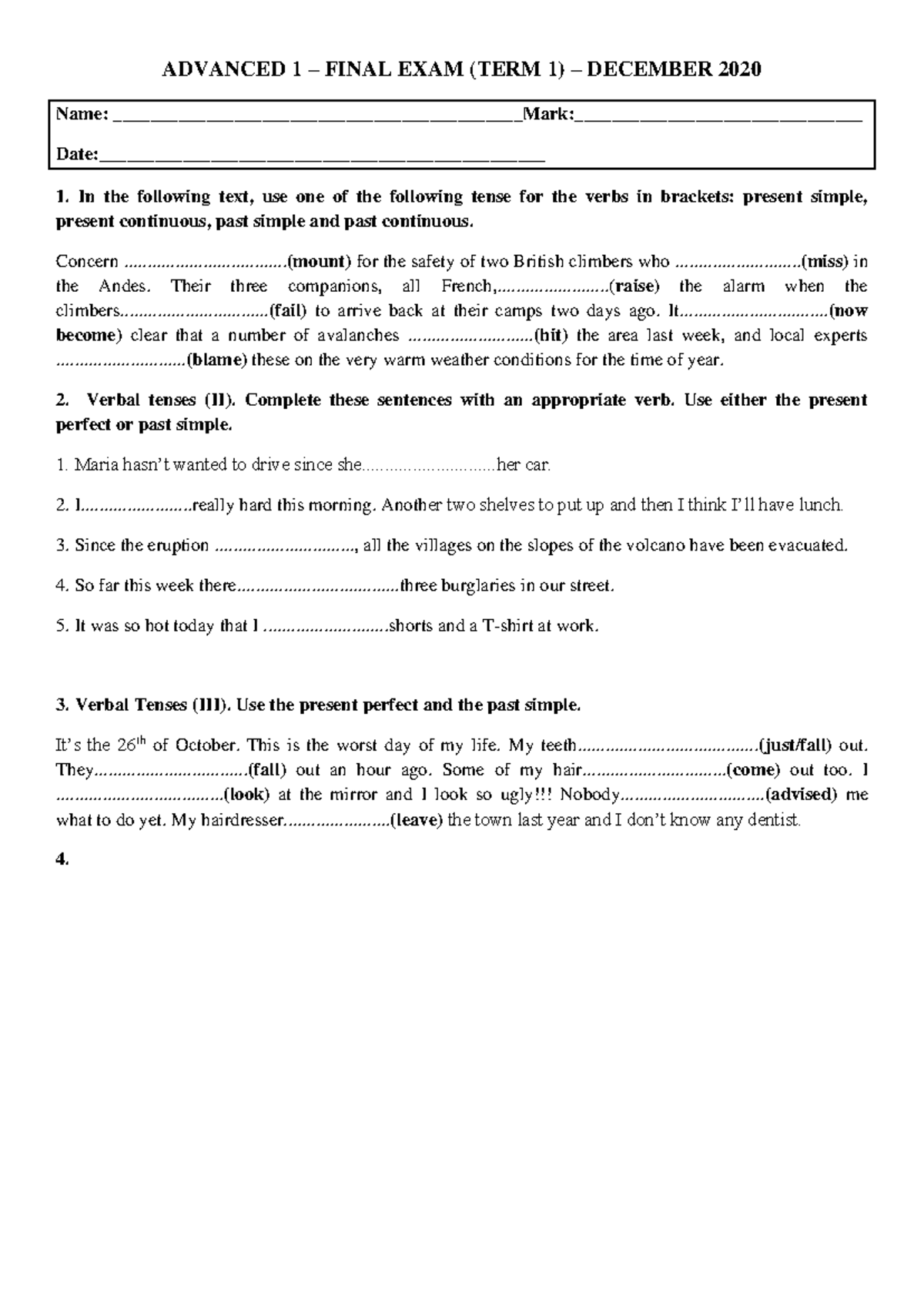 Advanced 1 First TERM TEST - ADVANCED 1 – FINAL EXAM (TERM 1 ...