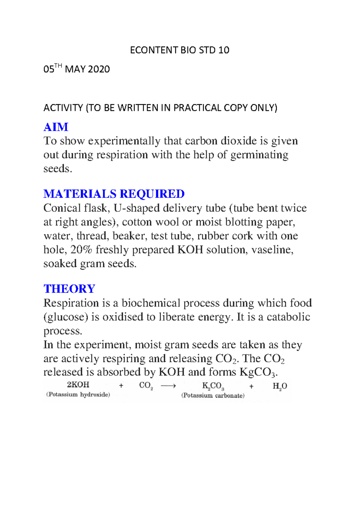 Biology - ECONTENT BIO STD 10 05 TH MAY 2020 ACTIVITY (TO BE WRITTEN IN ...