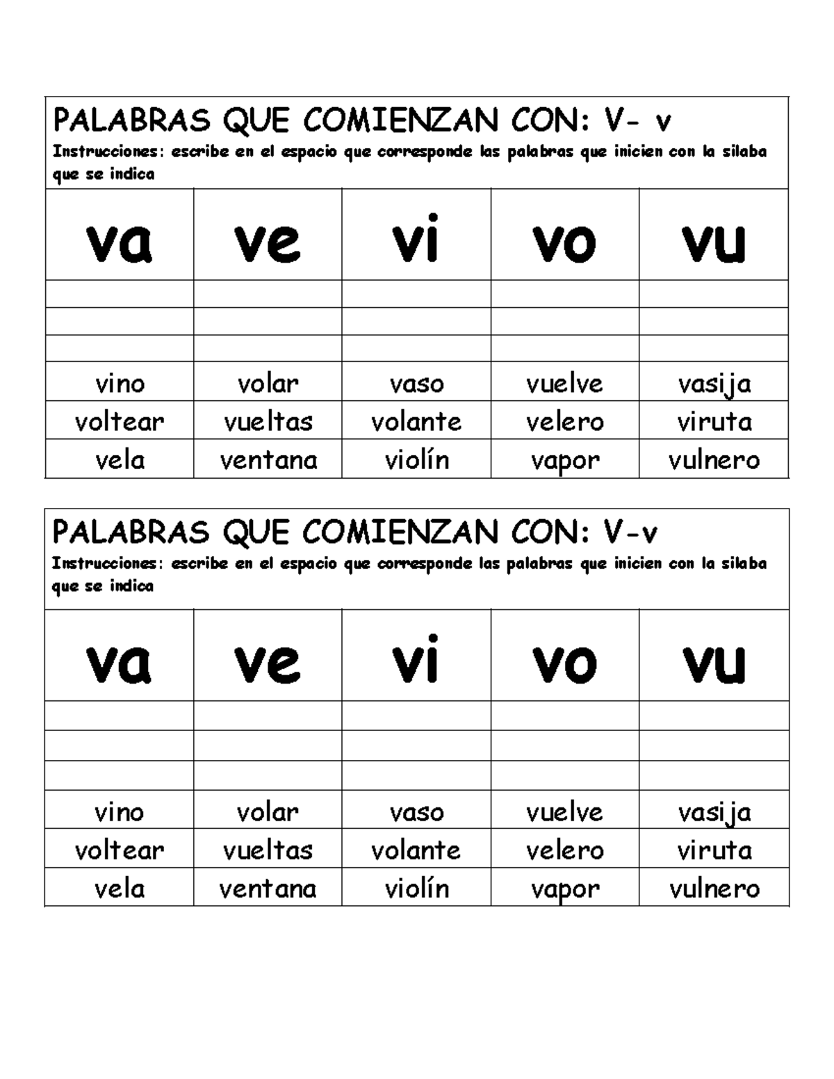 Actividades b - guia - PALABRAS QUE COMIENZAN CON: V- v Instrucciones ...