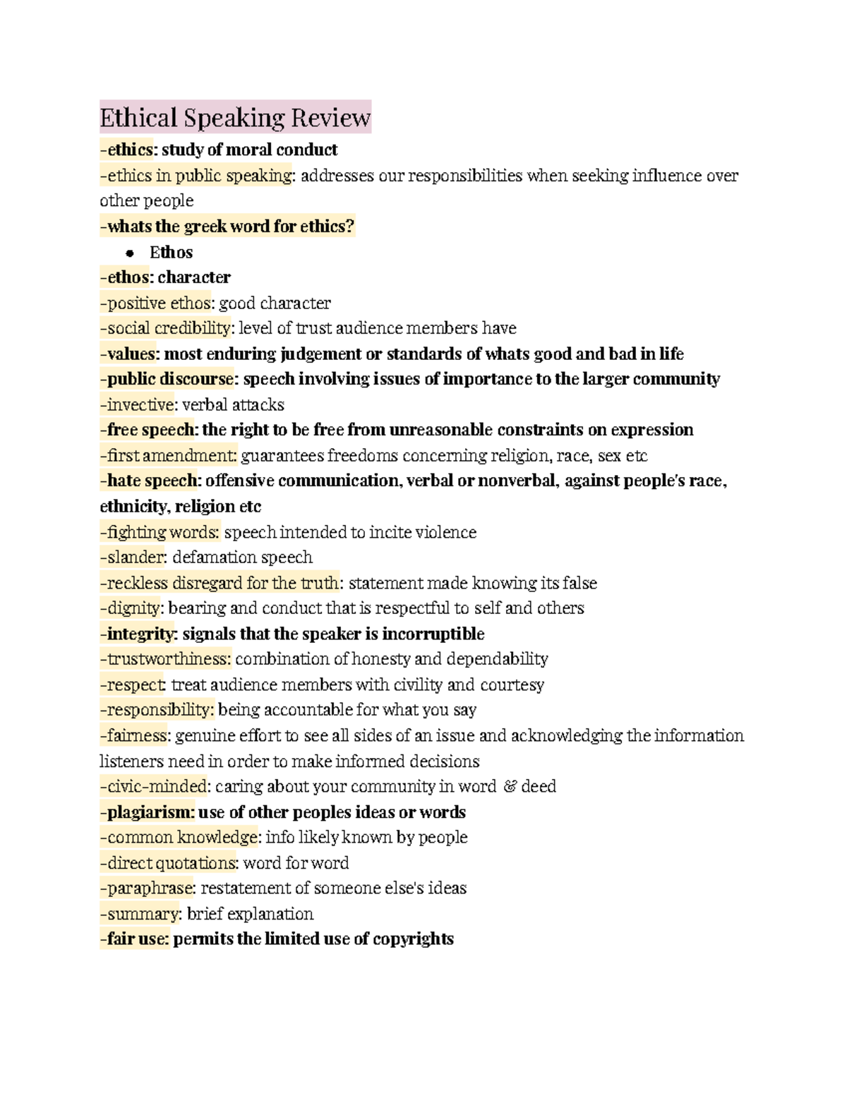 Ethical speaking review study guide - Ethical Speaking Review -ethics ...