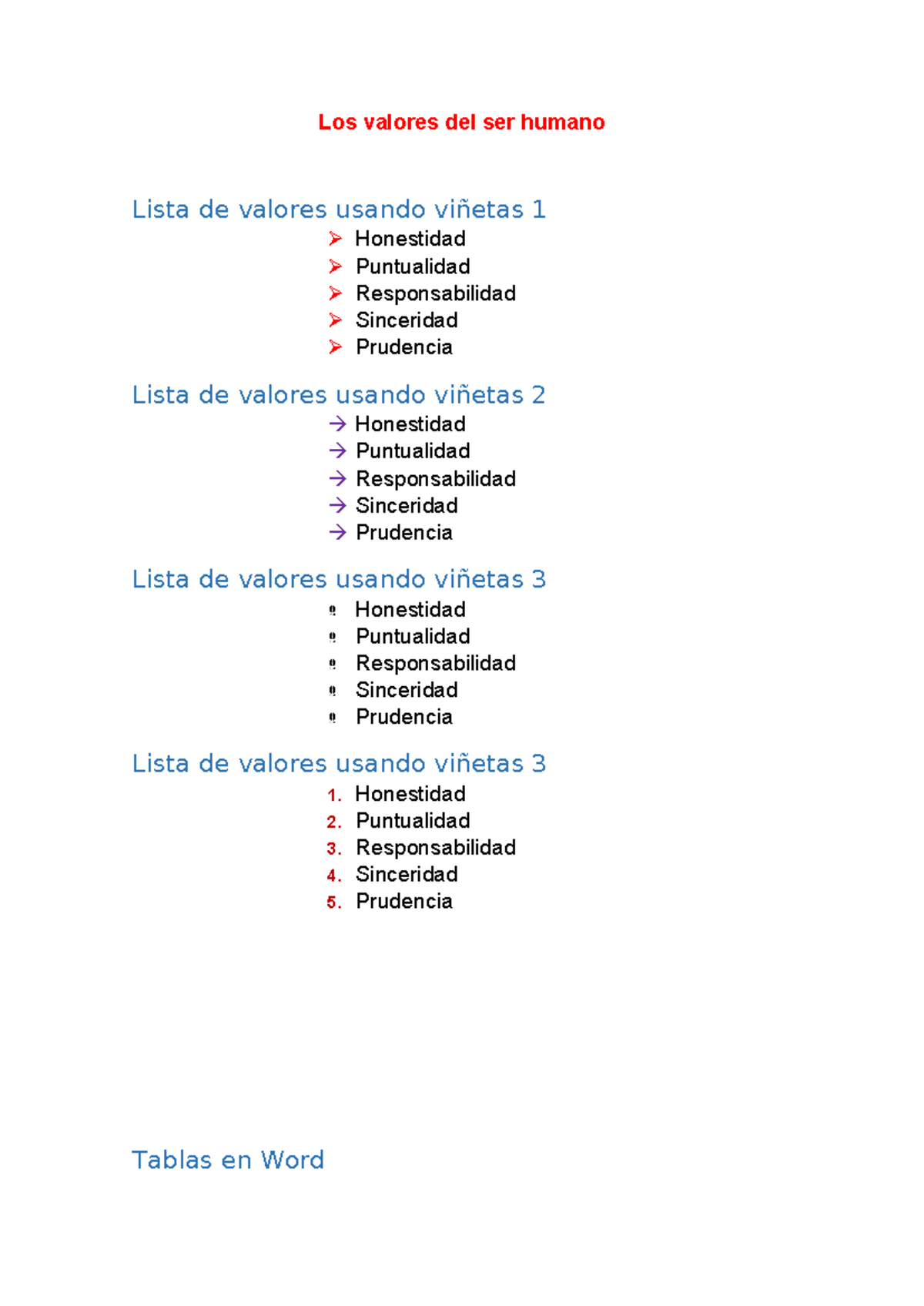 Los valores del ser humano 1 - Los valores del ser humano Lista de ...