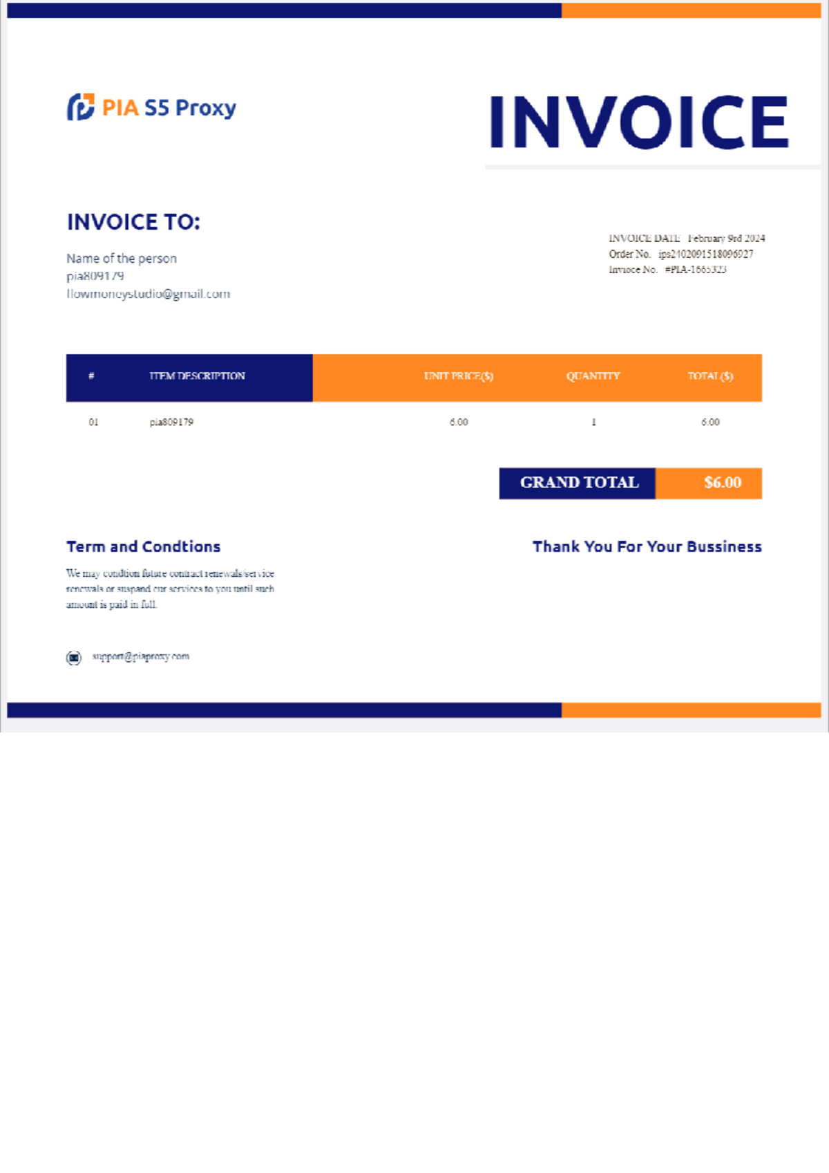 Export invoice - PIA S5 Proxy INVOICE INVOICE TO: INVOICE DATE February ...