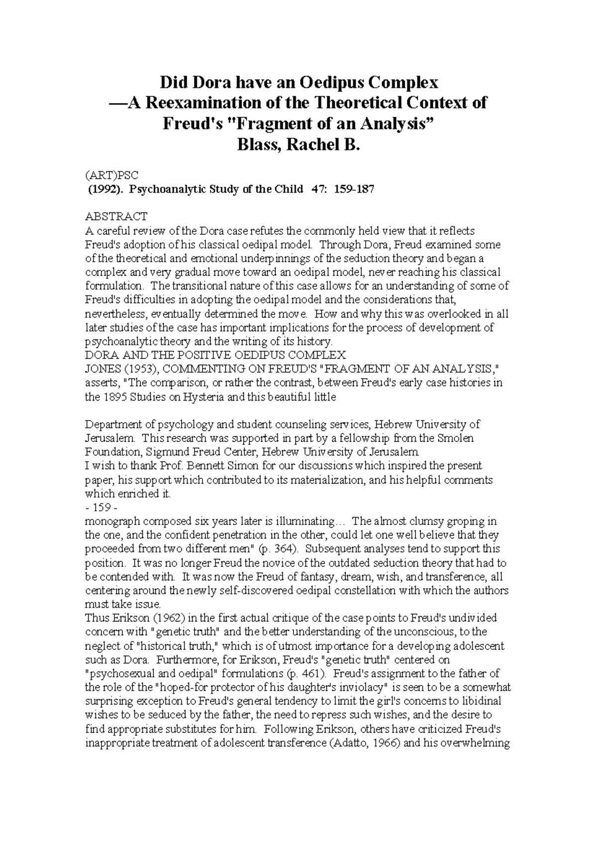 Blass-Did Dora have an Oedipus Complex - Did Dora have an Oedipus ...