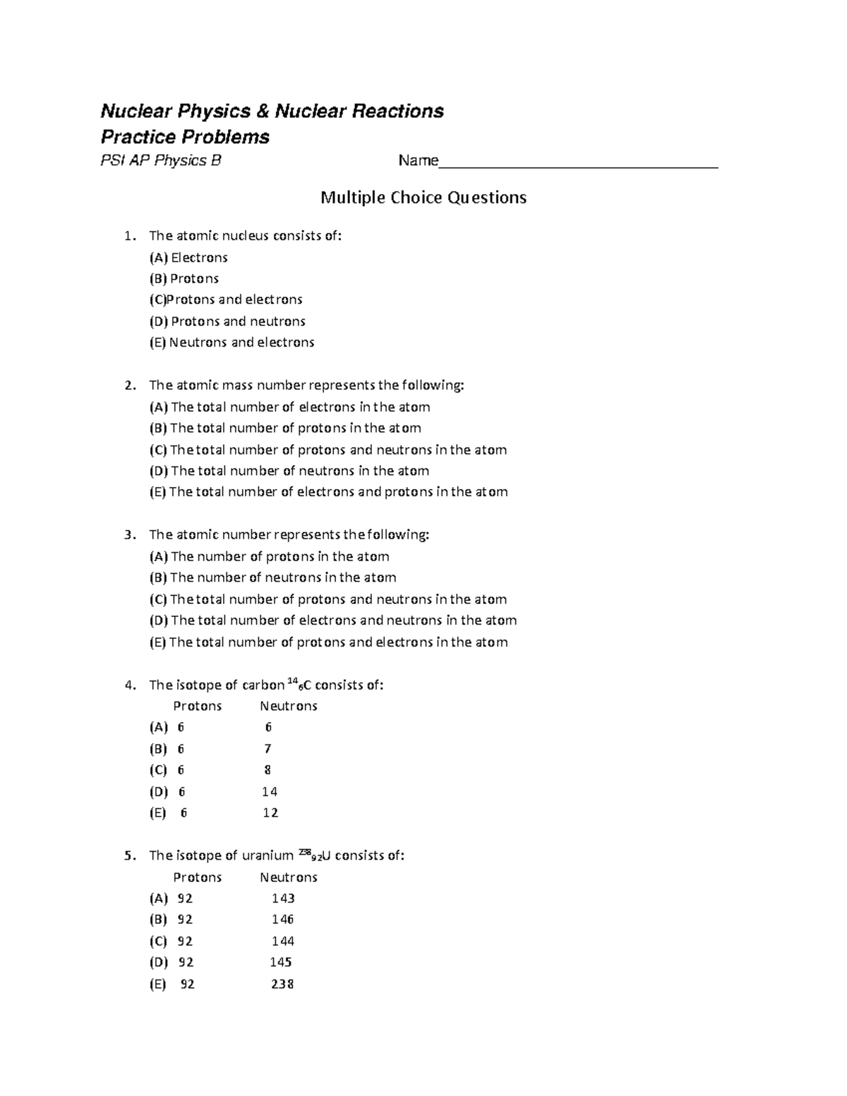 Nuclear Physics 00 - MCQ - Nuclear Physics & Nuclear Reactions Practice ...
