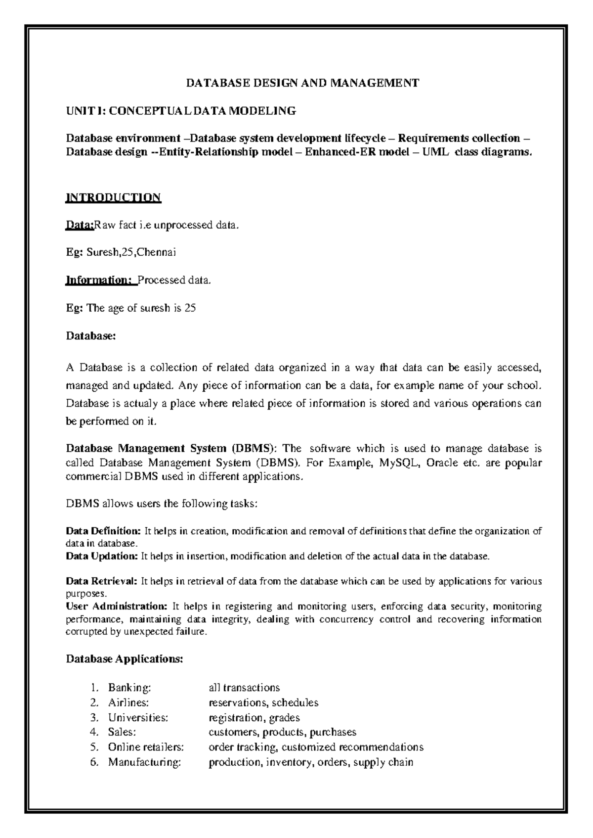 Ddm unit 1 - Ddm unit 1 - DATABASE DESIGN AND MANAGEMENT UNIT I: CONCEPTUAL DATA MODELING ...