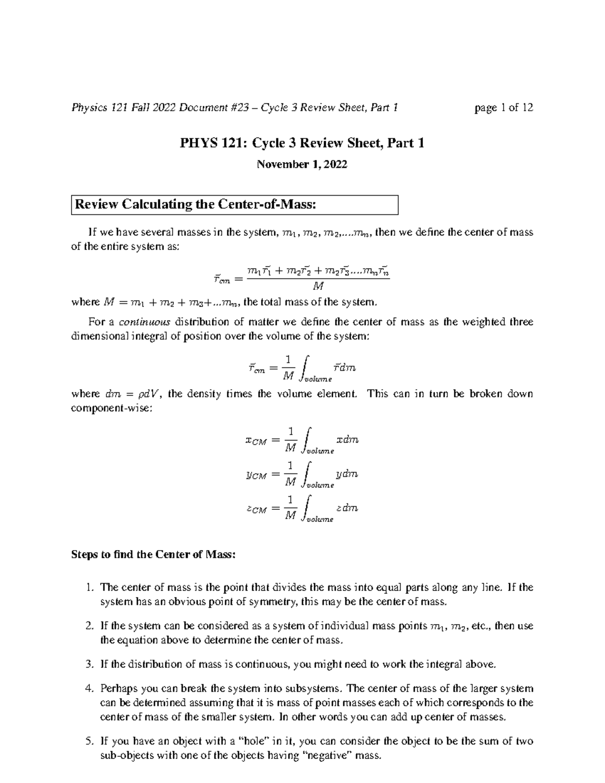 Cycle 3 Review sheet Part 1 - PHYS 121: Cycle 3 Review Sheet, Part 1 November 1, 2022 Review ...