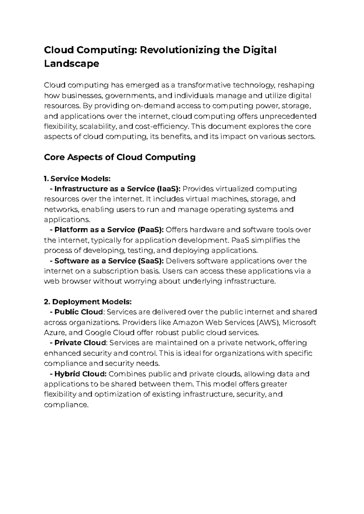 Cloud Computing - Summary Computer Science - Cloud Computing: Revolutionizing the Digital ...