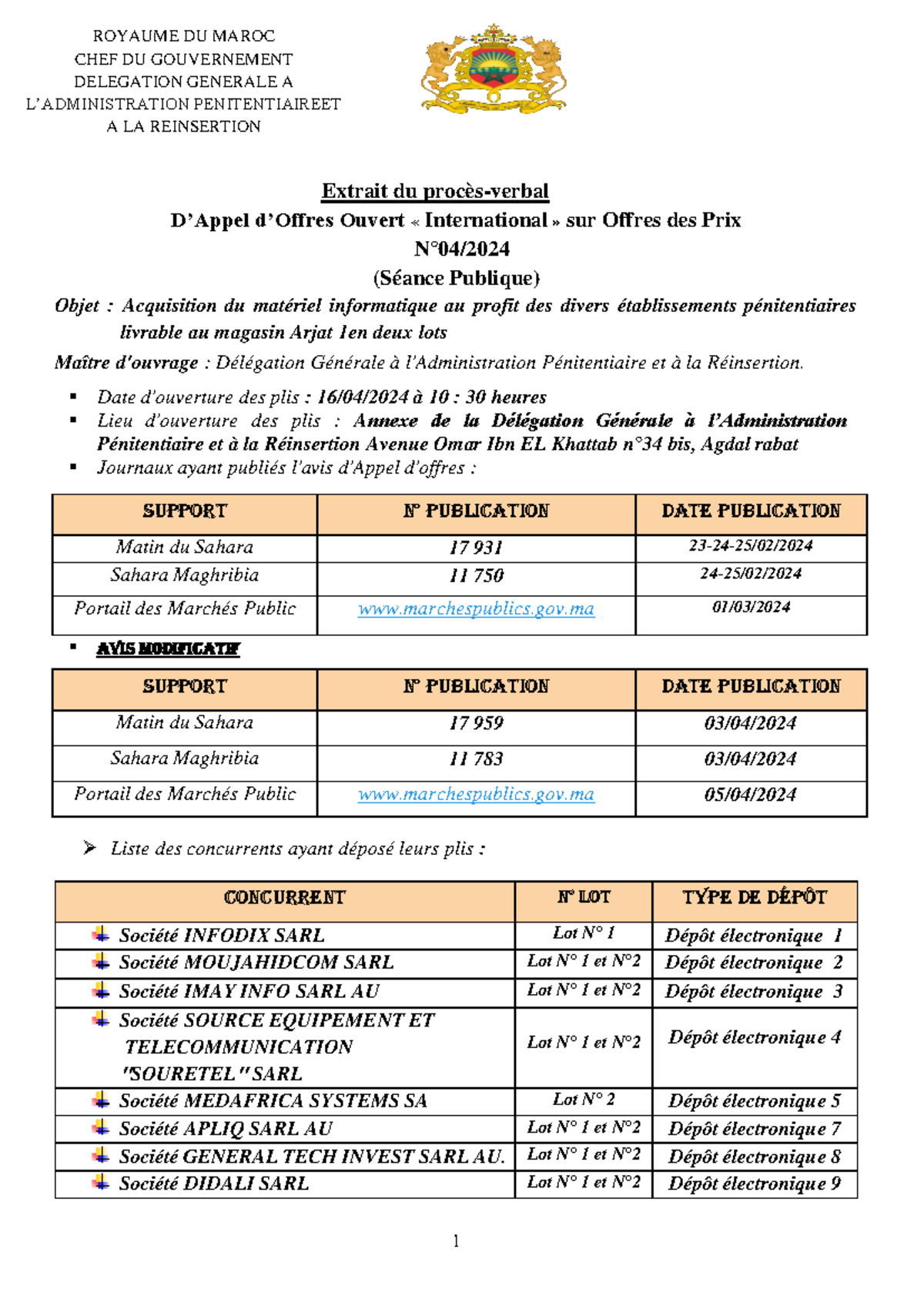 Extrait du procès 04-202 - 1 Extrait du procès-verbal D’Appel d’Offres Ouvert « International ...