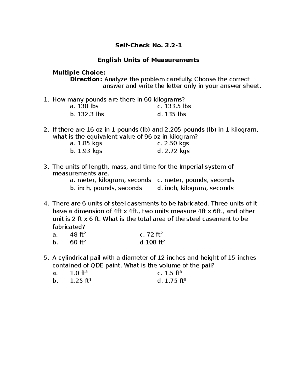 3. Industry Calcluation - Quiz - Self-Check No. 3- English Units of ...