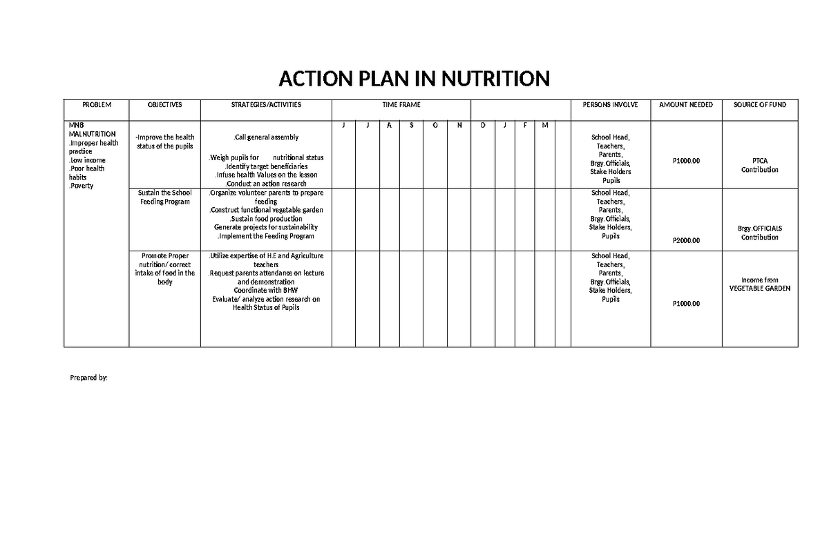 Action plan in Nutrition - ACTION PLAN IN NUTRITION PROBLEM OBJECTIVES ...