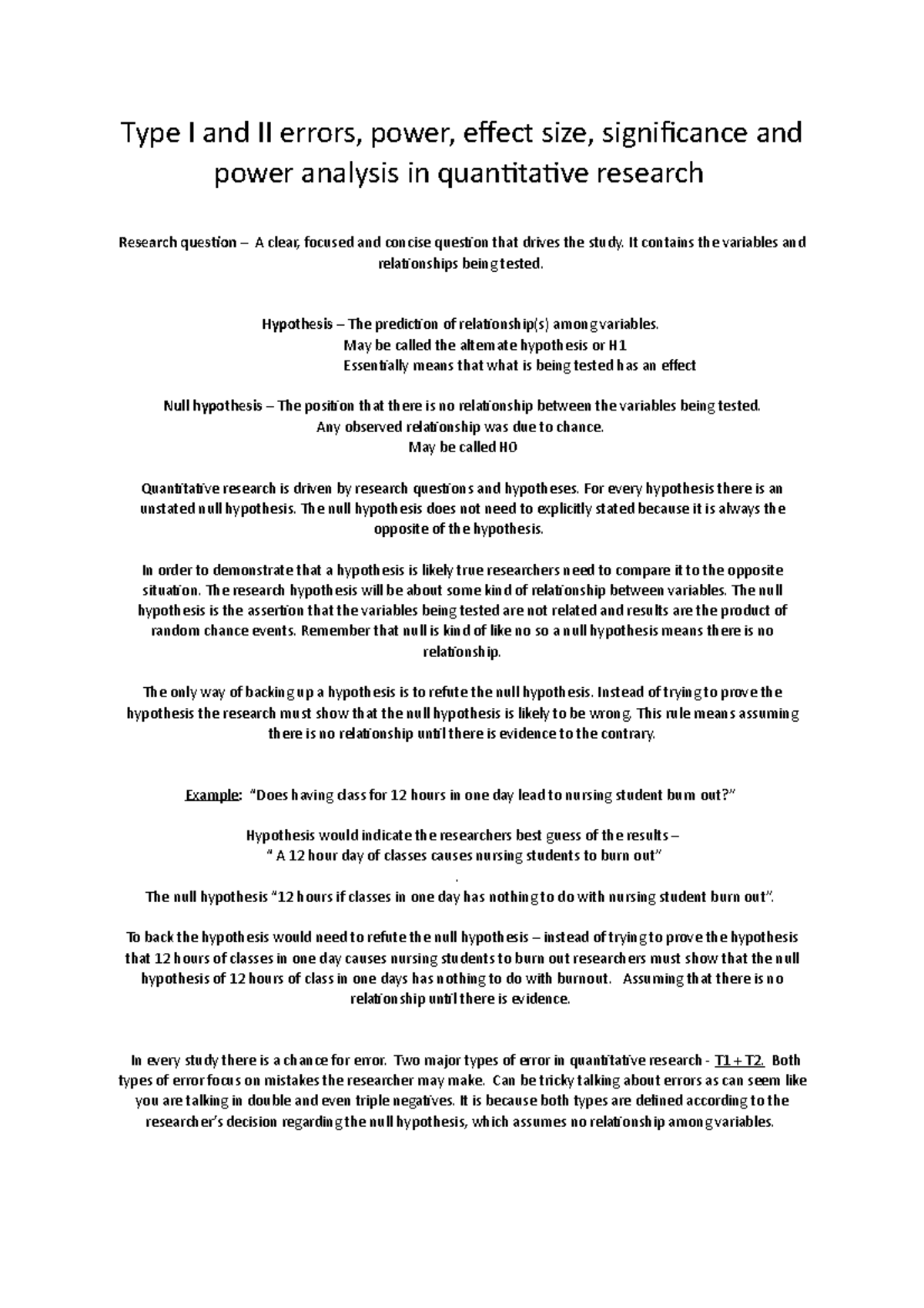 Type I and II errors, power, effect size, significance and power ...