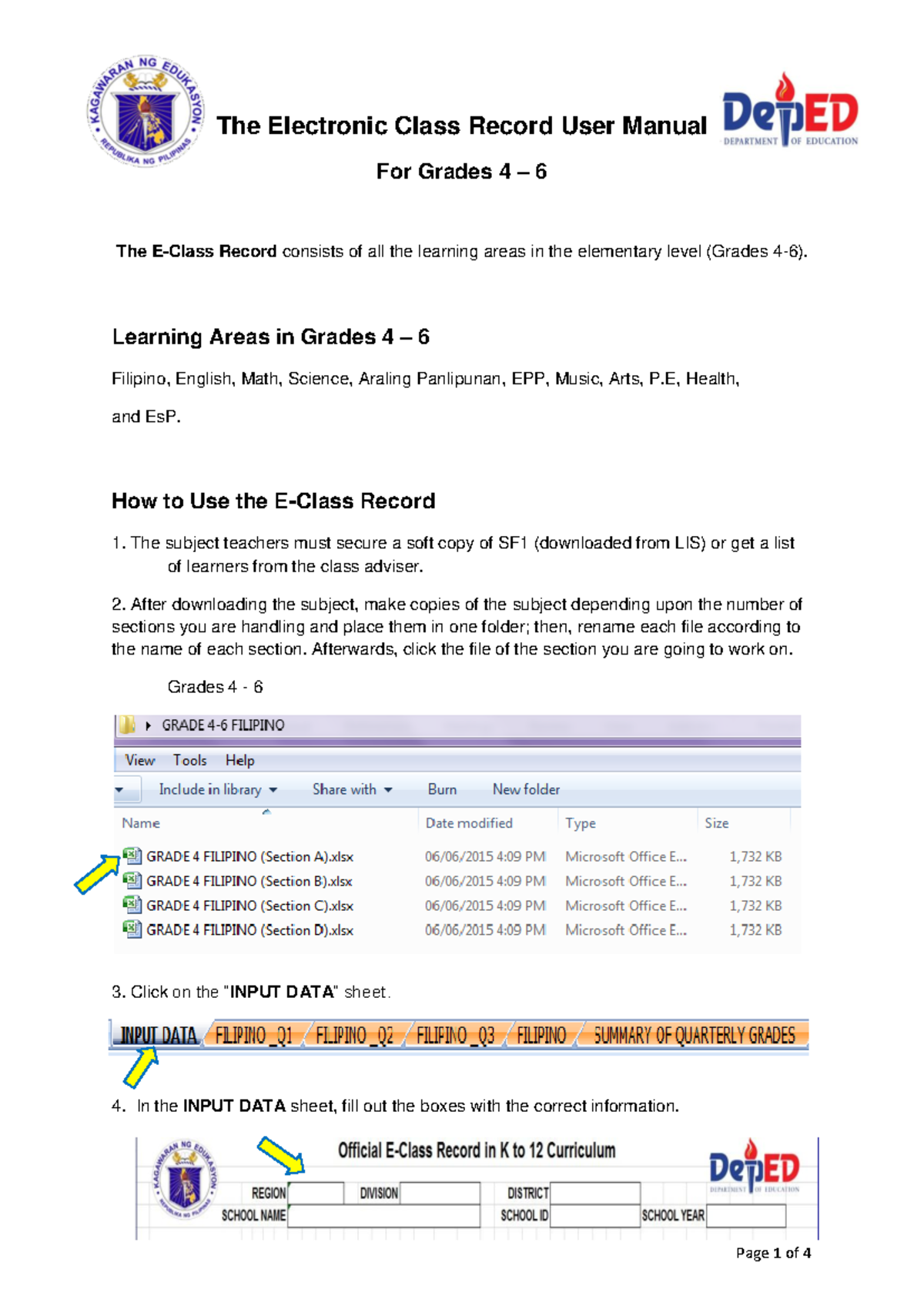 The Electronic Class Record User Manual For Grades 4 6 - Learning Areas ...