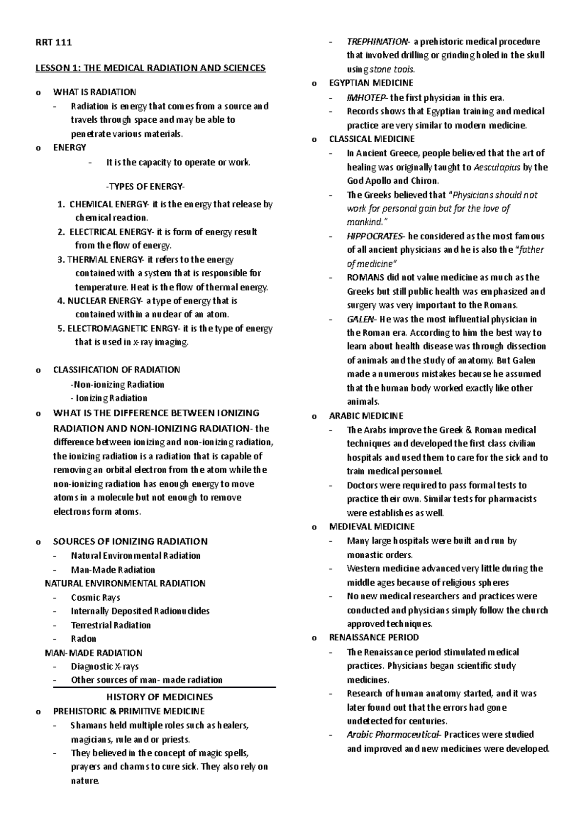 RRT 111 Notes - RRT 111 LESSON 1: THE MEDICAL RADIATION AND SCIENCES o ...