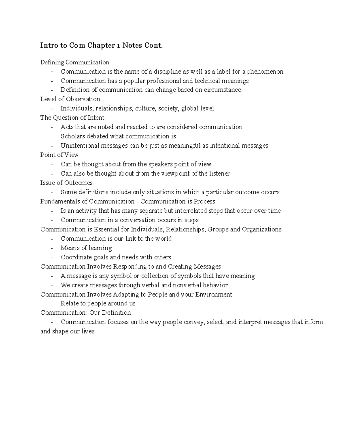 Intro to Com Chapter 1 Notes Cont - Defining Communication ...