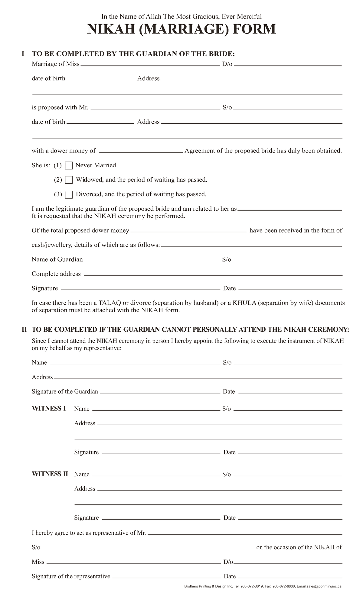 Nikah islamic marriage certificate form - In the Name of Allah The Most ...