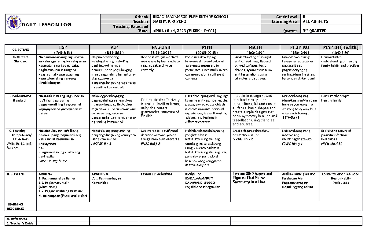 DLL ALL Subjects 2 Q3 W4 D1 - DAILY LESSON LOG School: BINANUAANAN SUR ...