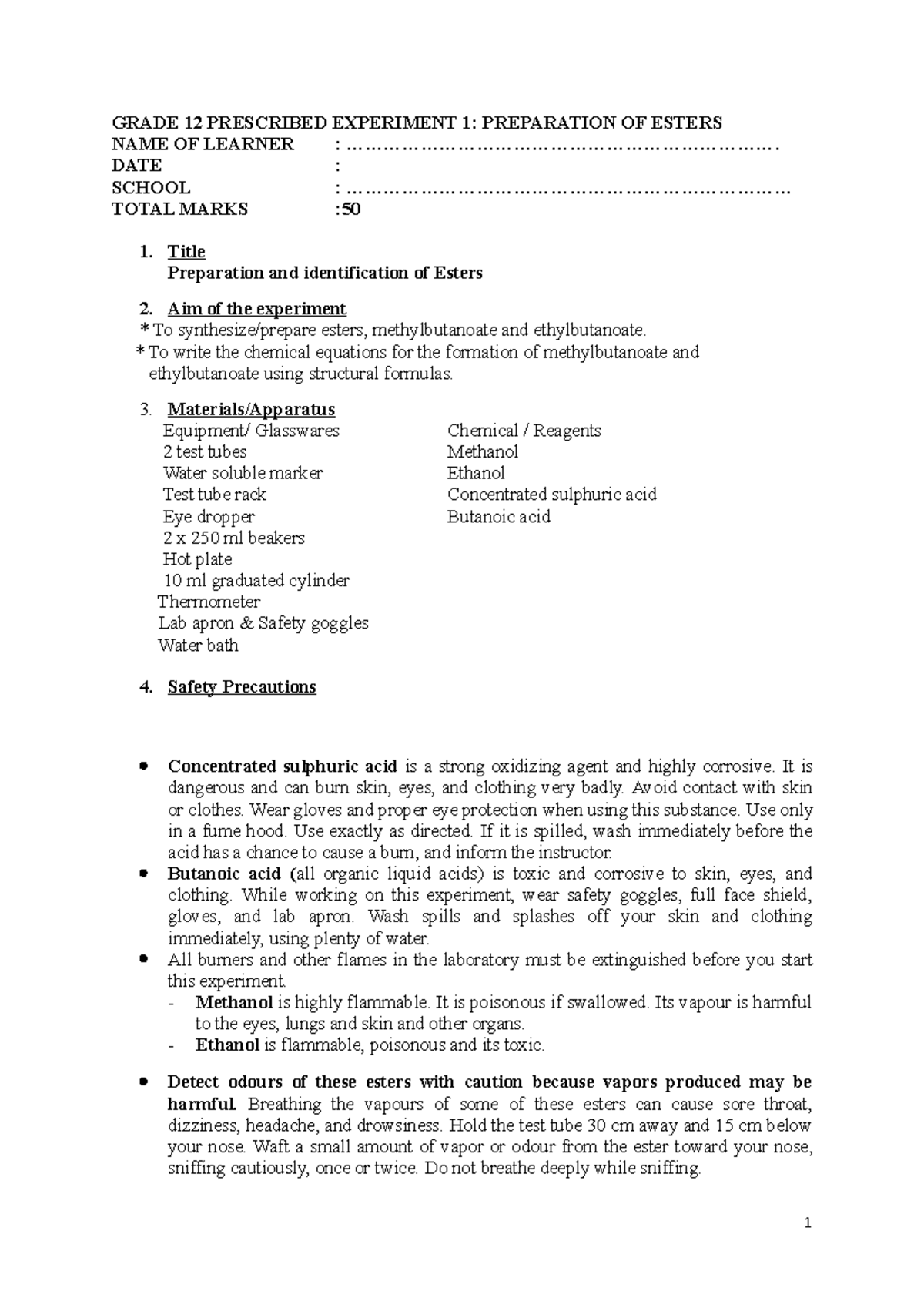 Preparation Of Esters 1 Grade 12 Prescribed Experiment 1 Preparation 4592