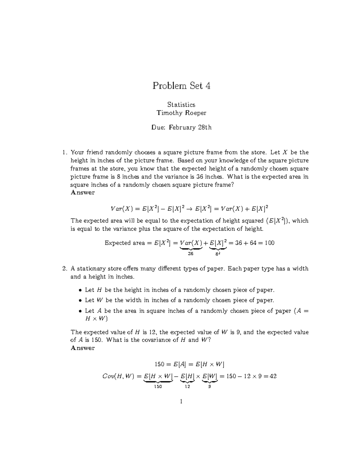PS4 Statistics Answer Key - Problem Set 4 Statistics Timothy Roeper Due ...