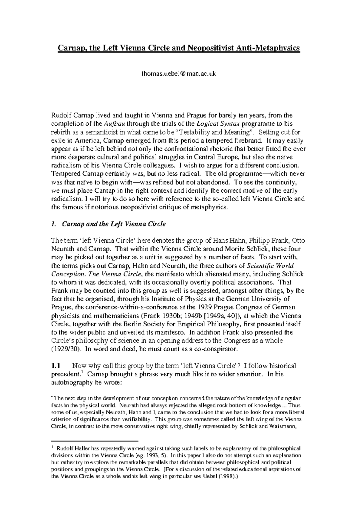 Circulo viena carnap - Carnap, the Left Vienna Circle and Neopositivist ...