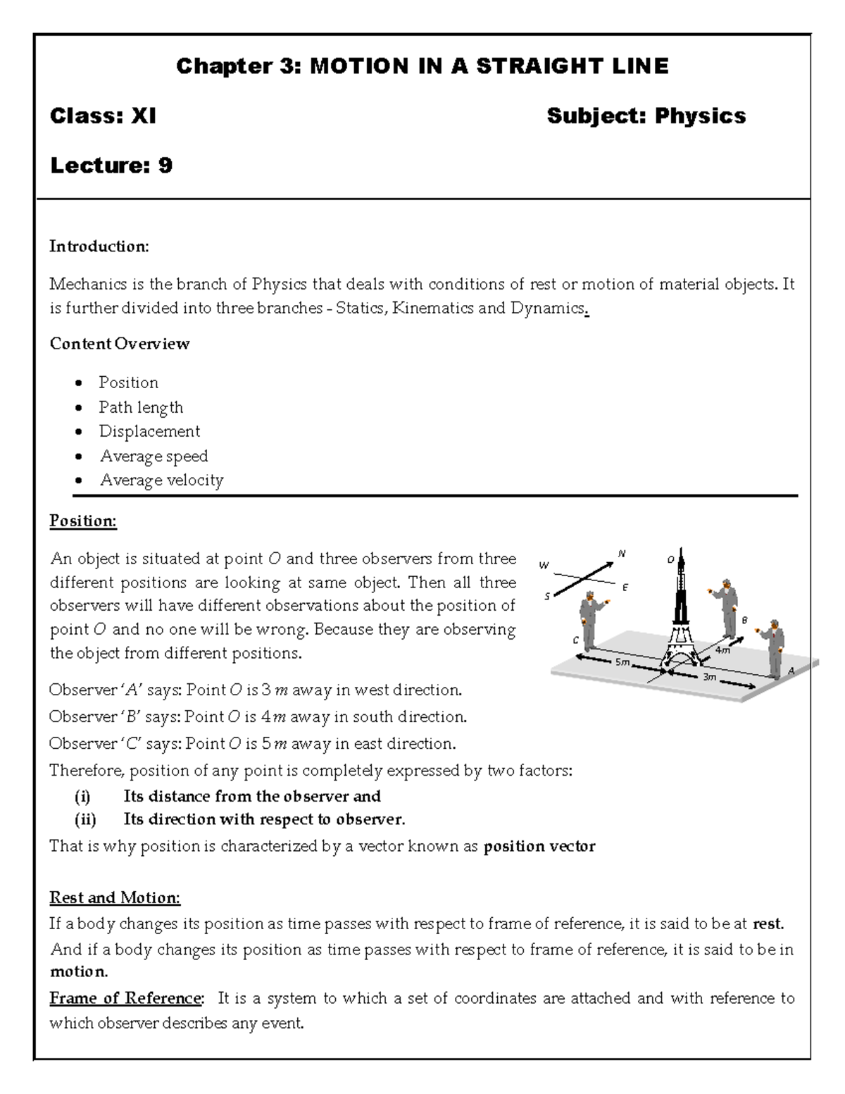 Lec 9 XI Motion in a straight line - Chapter 3: MOTION IN A STRAIGHT LINE Class: XI Subject ...