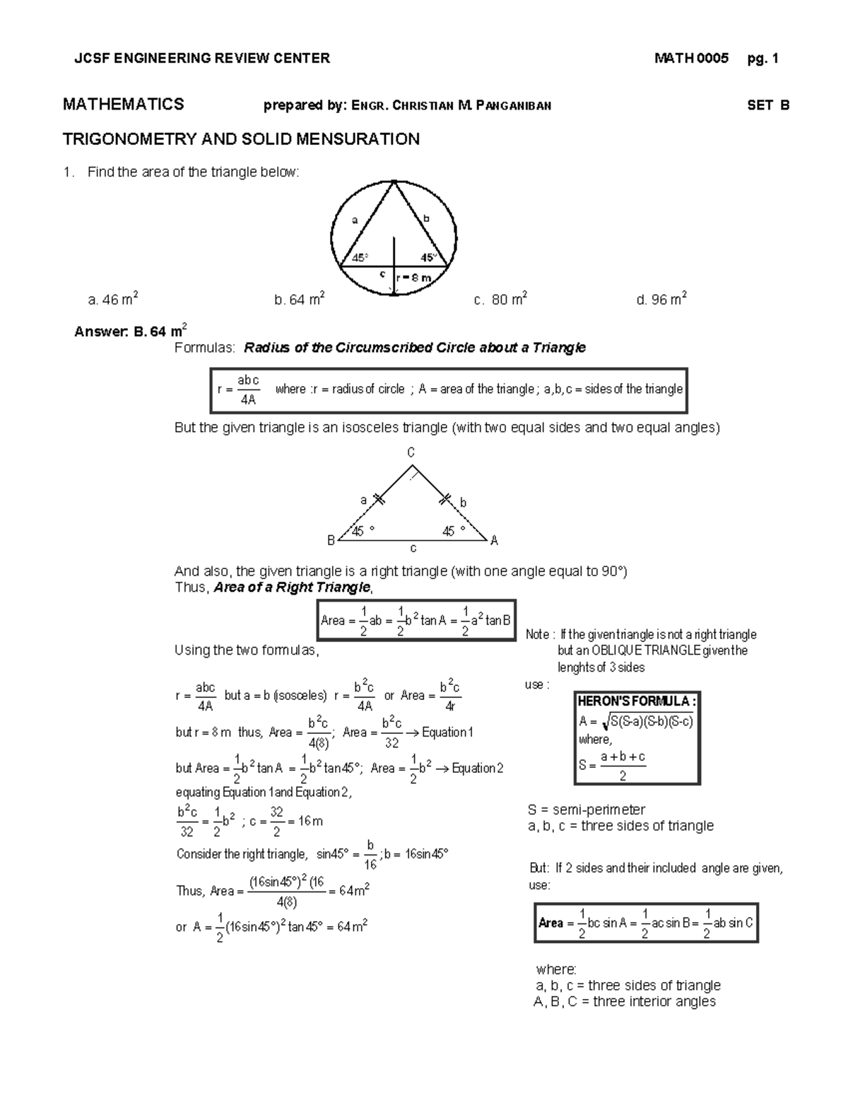 Pdfcoffee - acxcasas - ####### MATHEMATICS prepared by: ENGR. C HRISTIAN M. P ANGANIBAN SET B ...