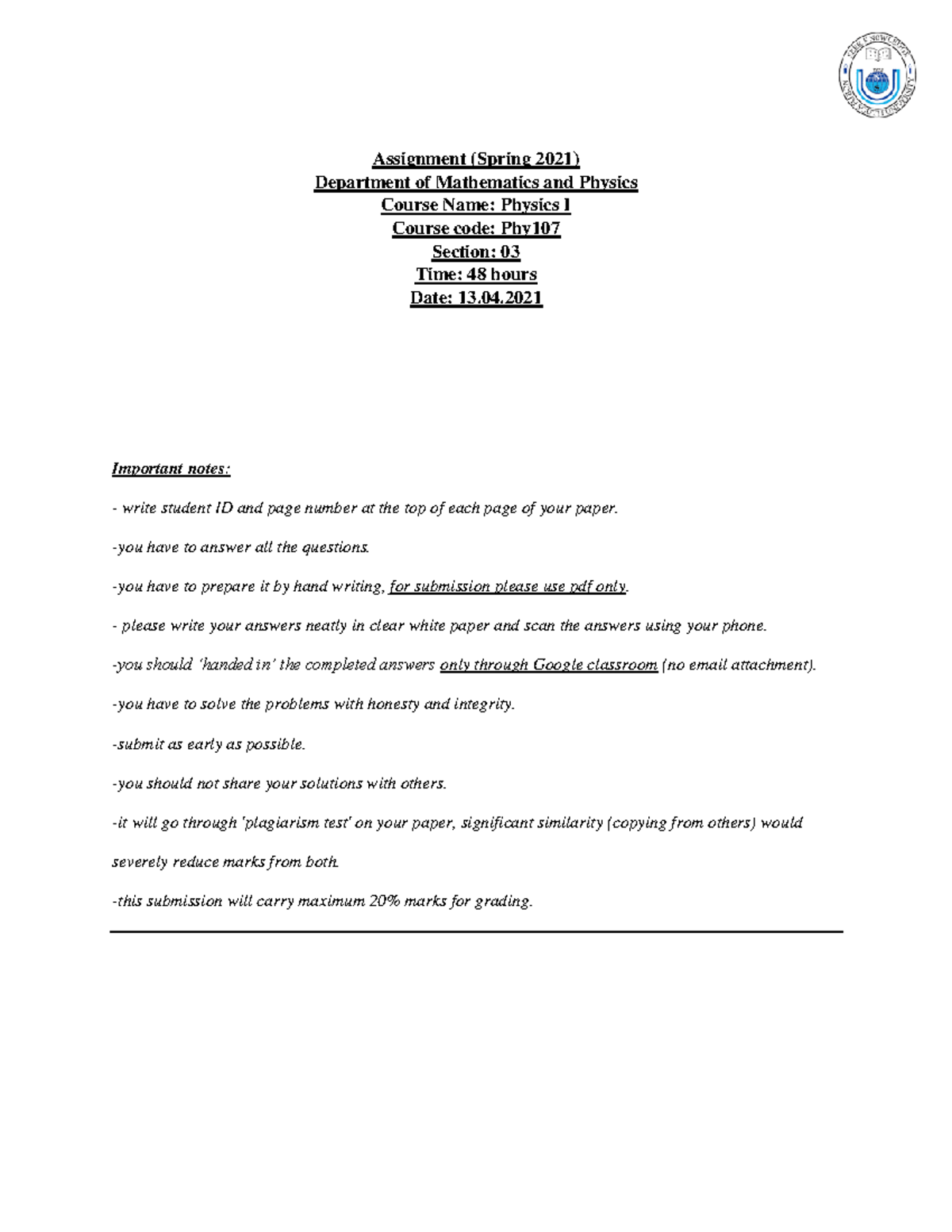 Assignment Phy107 Sec 03 Assignment Spring 2021 Department Of Mathematics And Physics Course