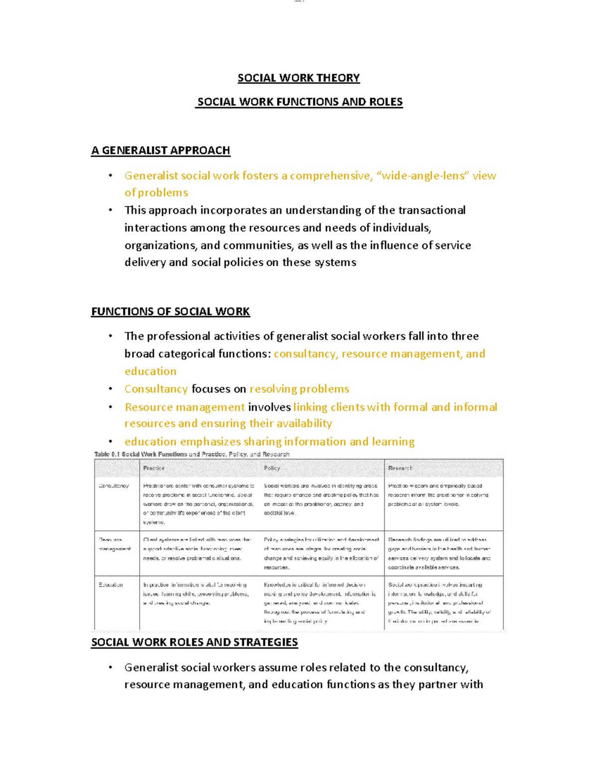 MWT110- Notes - SOCIAL WORK THEORY SOCIAL WORK FUNCTIONS AND ROLES A ...