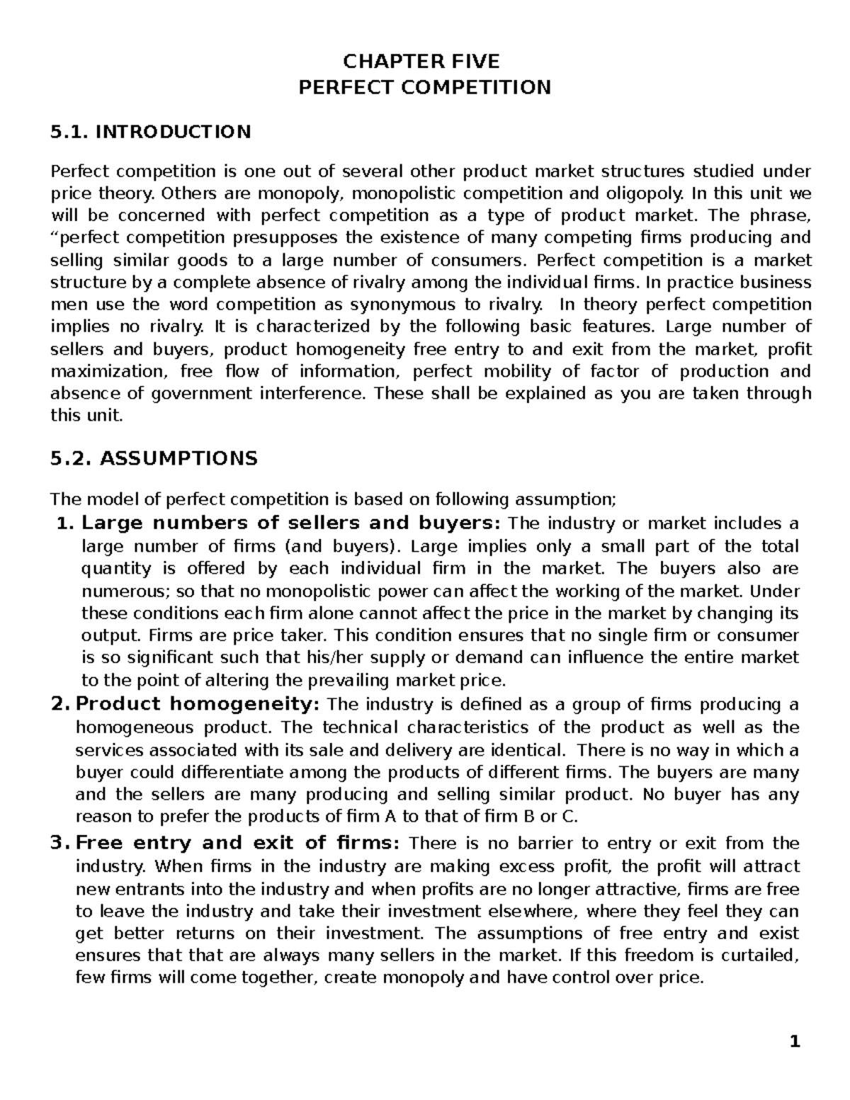 Perfect Competetion - CHAPTER FIVE PERFECT COMPETITION 5. INTRODUCTION ...