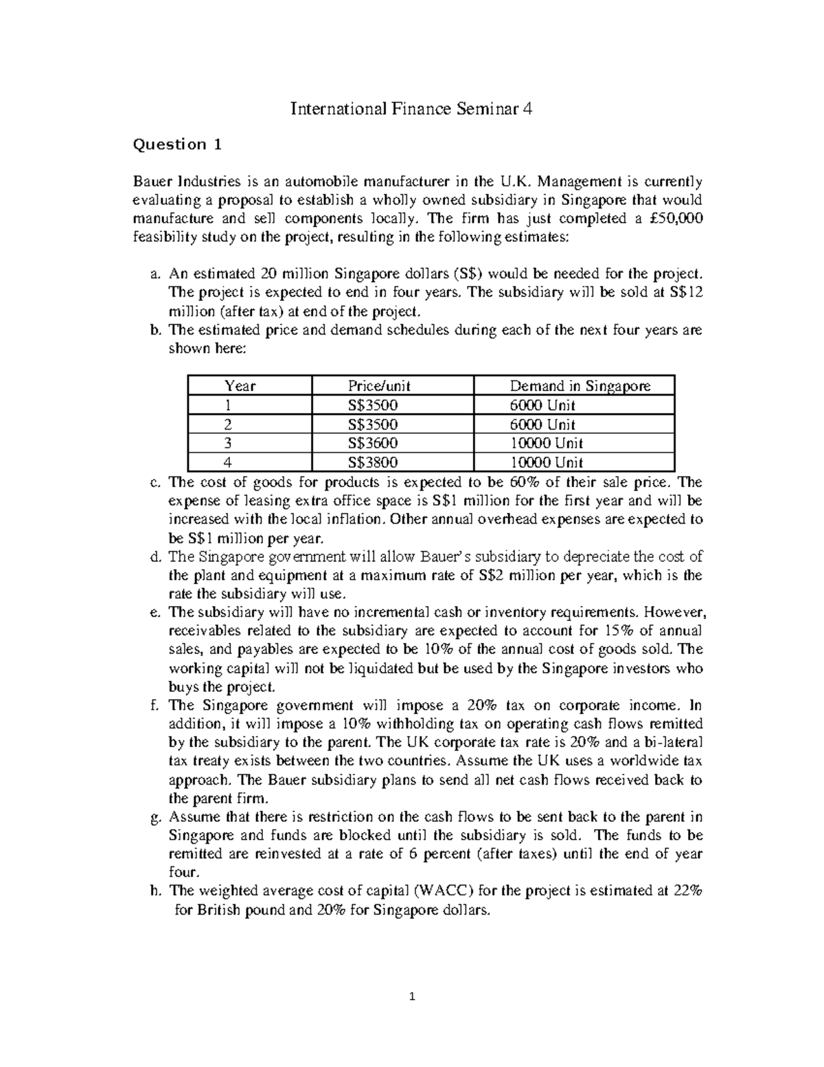 IF Seminar 4 Answer - International Finance Seminar 4 Question 1 Bauer ...