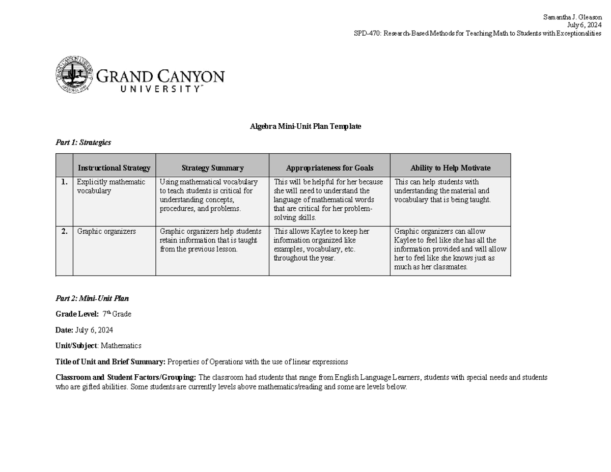 Benchmark-Algebra Unit Plan - Samantha J. Gleason July 6, 2024 SPD-470 ...