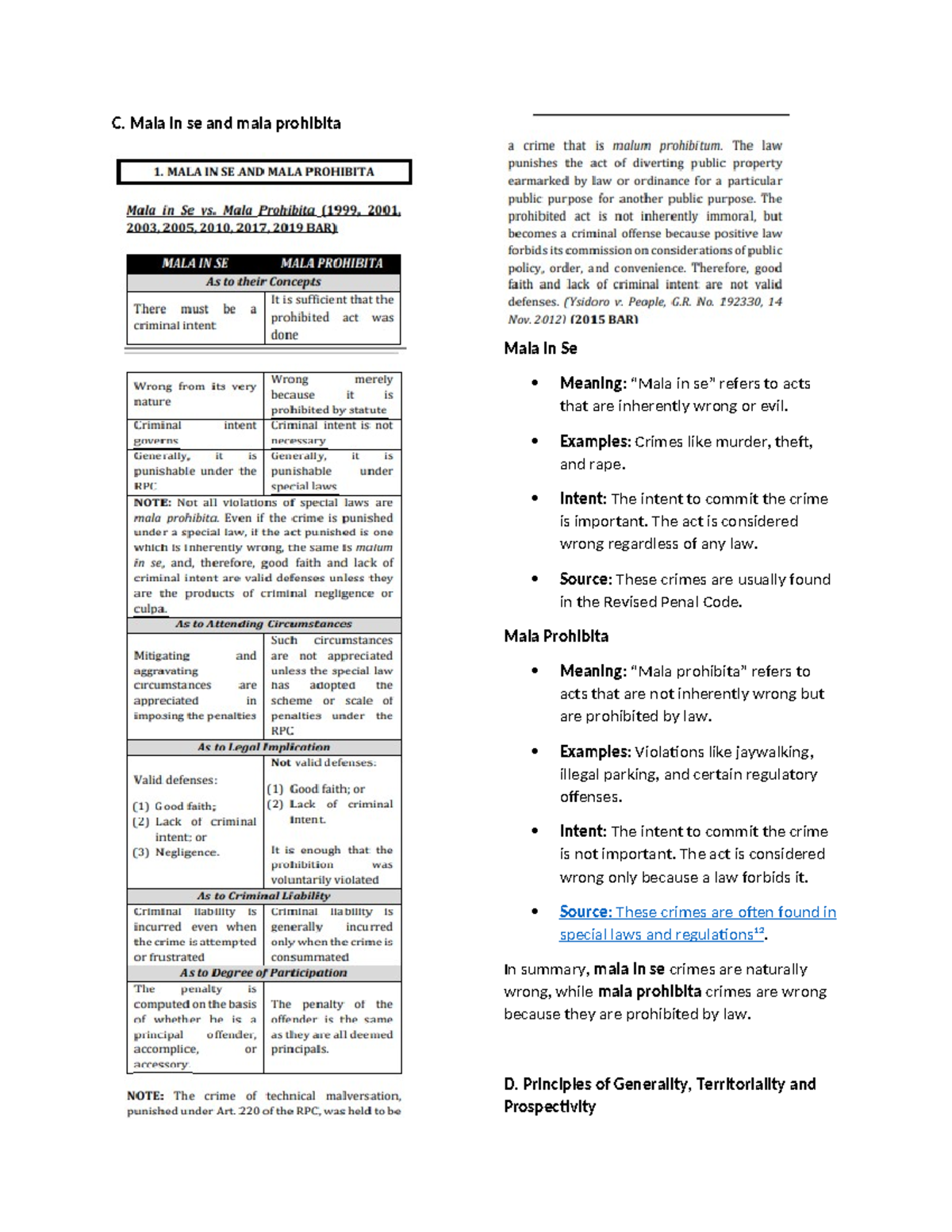 CRIMINAL LAW REVIEWER - C. Mala in se and mala prohibita Mala in Se ...