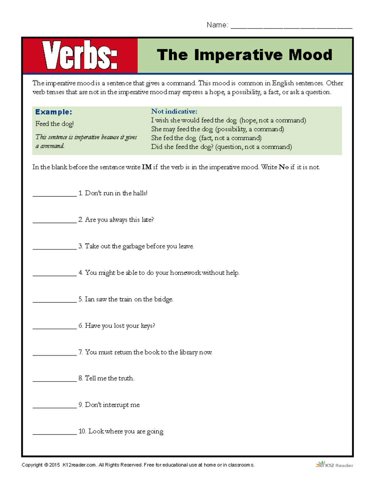 Verbs the imperative mood - Copyright © 2015 K12reader. All Rights ...