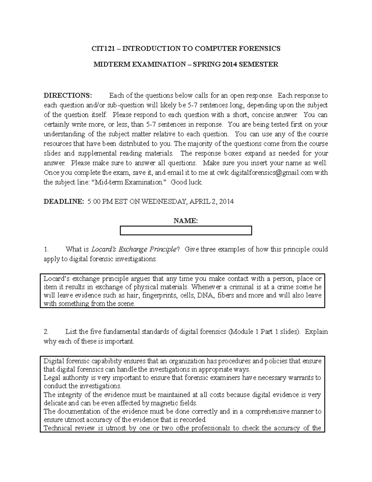 21486109 CIT121 Midterm 1 - CIT121 – INTRODUCTION TO COMPUTER FORENSICS MIDTERM EXAMINATION ...