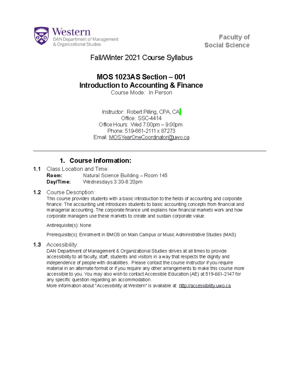 MOS-1023A-001 Syllabus FALL2021 - Faculty of Social Science Fall/Winter 2021 Course Syllabus MOS ...