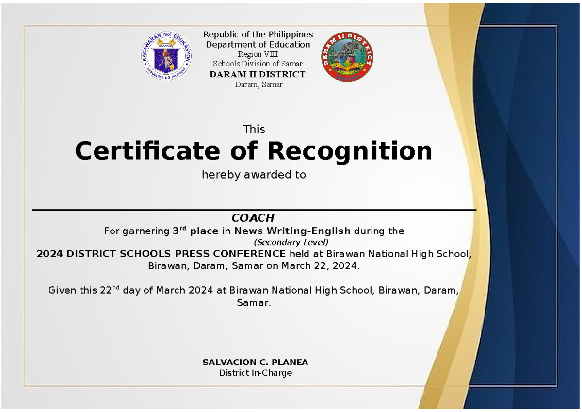 Certificates for Journalism - Department of Education Region VIII ...