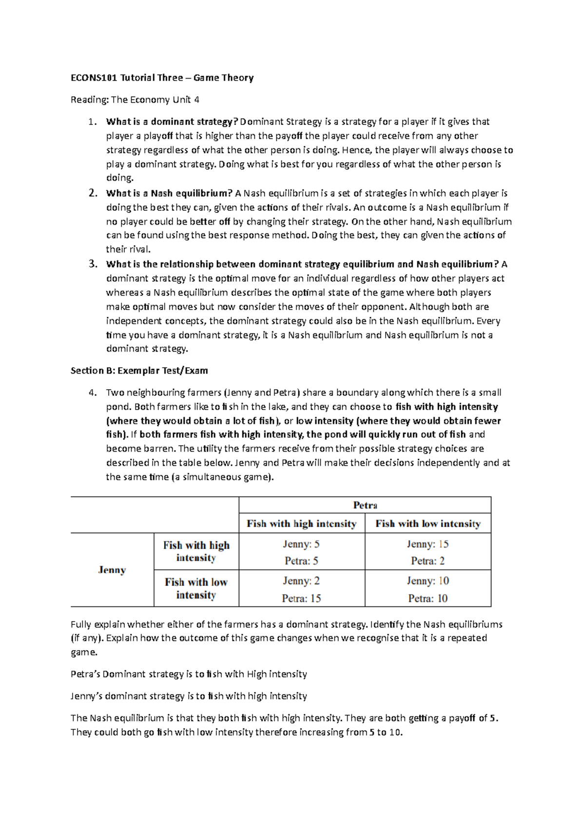 Tutorial 3 - ECONS101 Tutorial Three – Game Theory Reading: The Economy ...