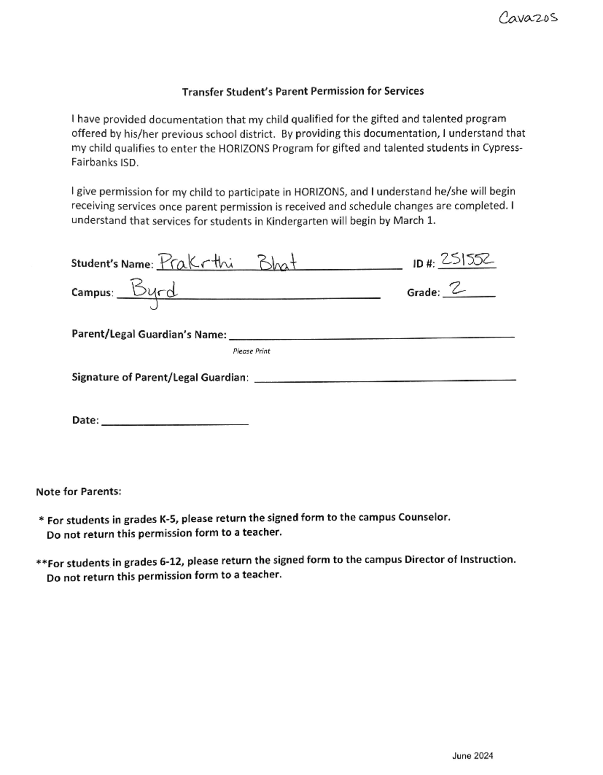 GT Parent Permission Letter for P. B - Cavazos Transfer Parent ...