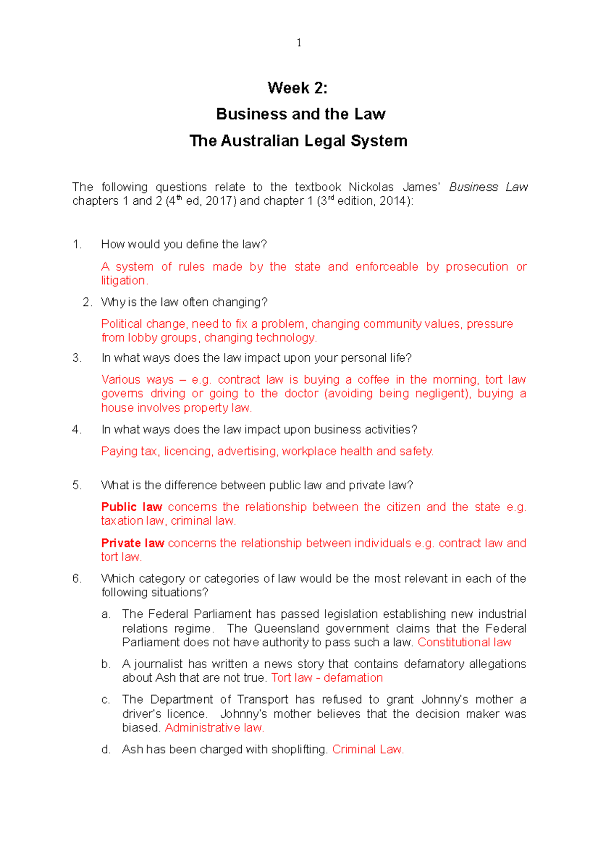 Tutorial.week 2 - Week 2 solution - 1 Week 2: Business and the Law The ...