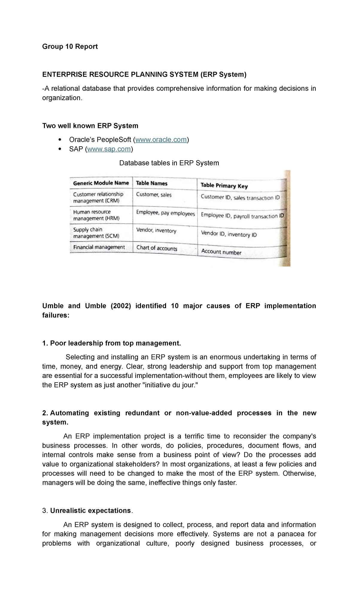 AE Group 10 Report Final - Group 10 Report ENTERPRISE RESOURCE PLANNING SYSTEM (ERP System) A ...