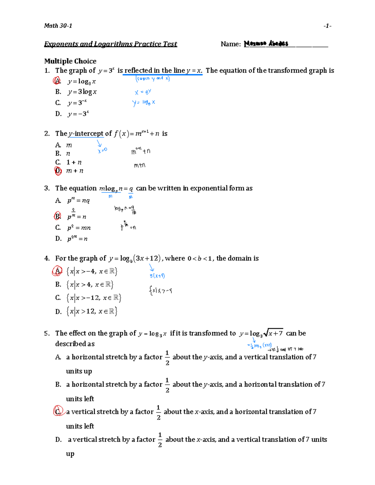 Exponents and Logarithms Practice Test - The graph of y 3 x is ... Exponents and Logarithms Practice Test - The graph of y 3 x is ...