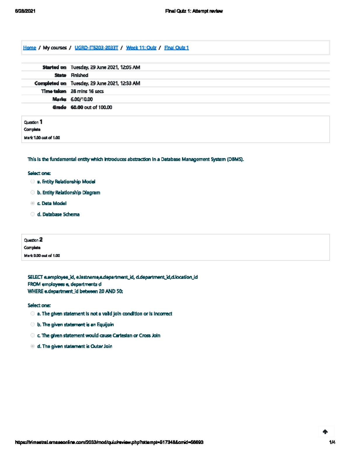 Database Management System 2-final-quiz1 - Introduction to Networks ...