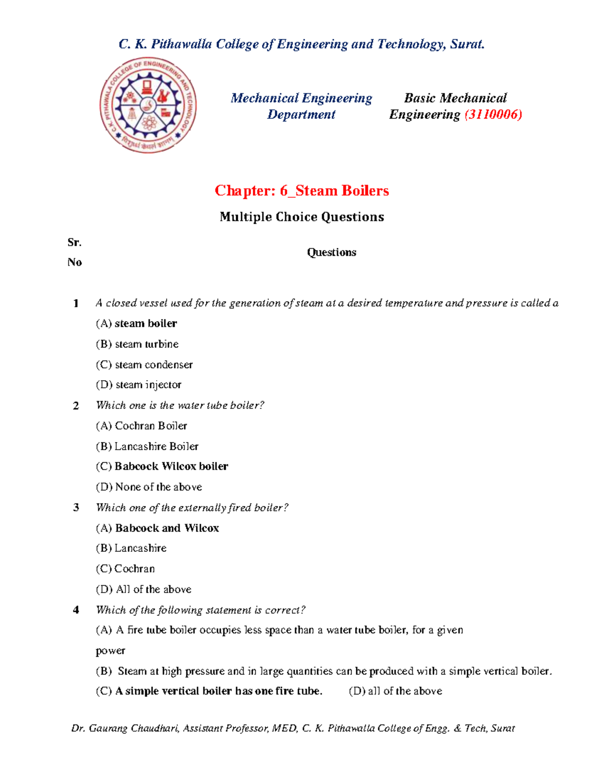 Chapter 6 Steam Boiler - Basic Mechanical Engineering [BME] subject Practice meterials ...